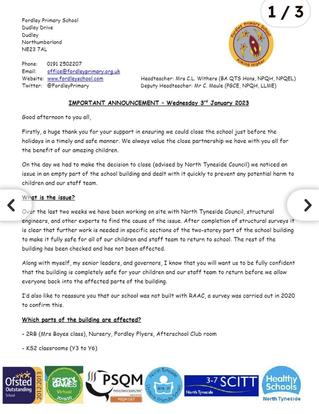 Fordley Primary School - IMPORTANT ANNOUNCEMENT